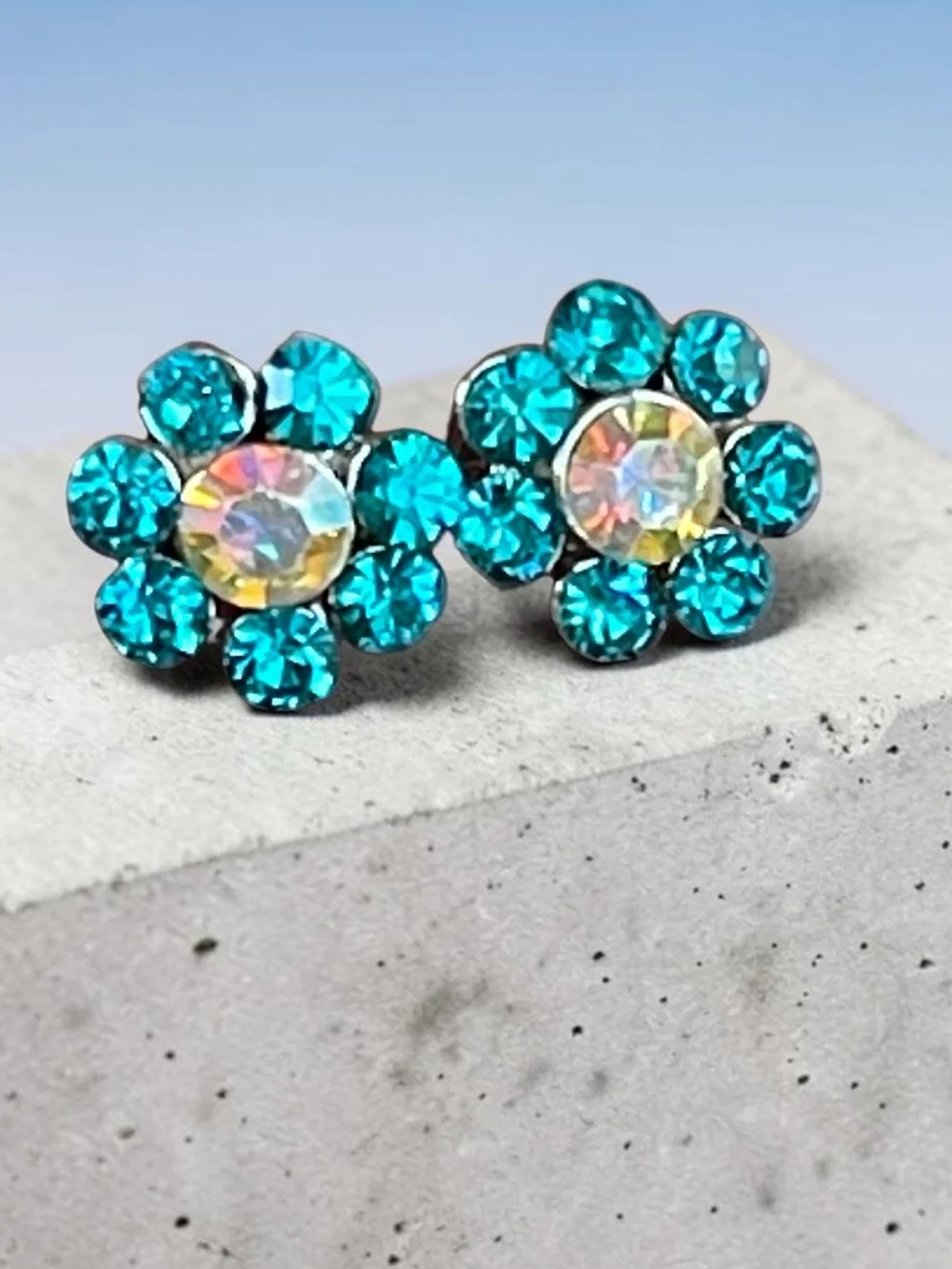 Jewelry | Vintage Style Turquoise Blue Aurora Borealis Crystal Flower ...